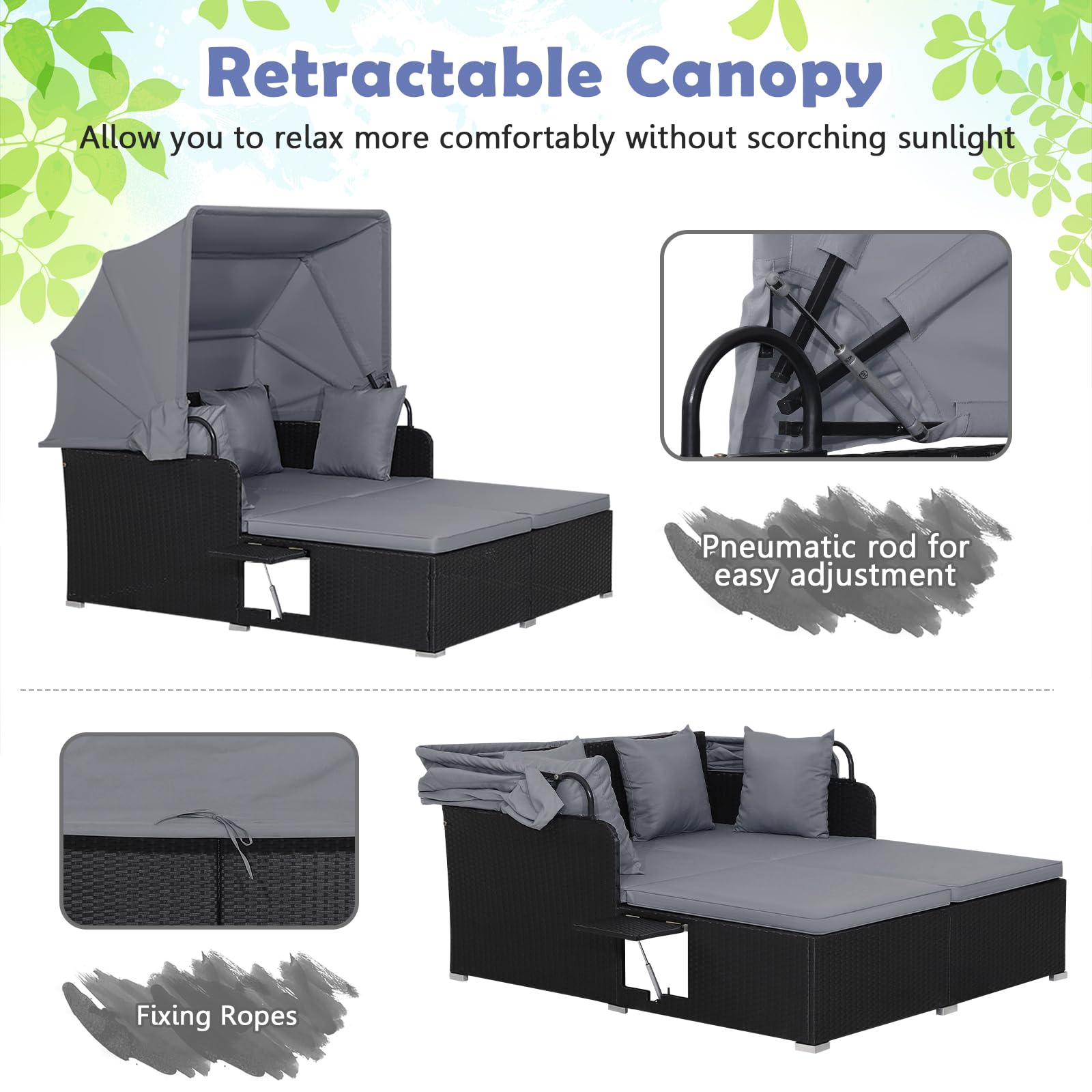 Tangkula Patio Rattan Daybed with Retractable Canopy, Patiojoy Wicker Sun Lounger with 2 Foldable Side Panels, Thick Seat & Back Cushions, for Garden, Backyard, Porch (Grey)