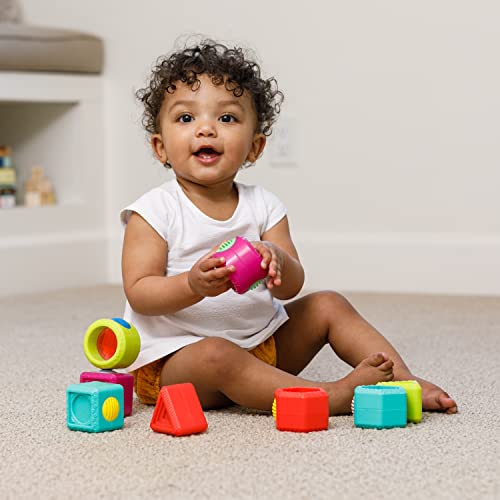 Infantino Peek & See Activity Blocks - Fine Motor Skills, Stacking Play, Block Set, Sensory Play, Rattle Sounds, Shapes, Colors, Tactile Multi-Textured Blocks, Easy Press & Stay Design, 6+ Months