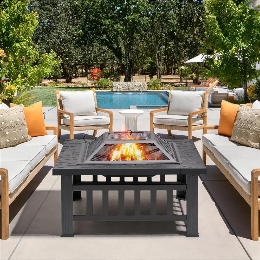 Fire Pit 32'' Wood Burning Firepit Metal Square Outdoor Fire Tables SteelFire Pit Bowl with Spark Screen Cover, Poker Log Grate for Patio Bonfire Camping Backyard Garden Picnic