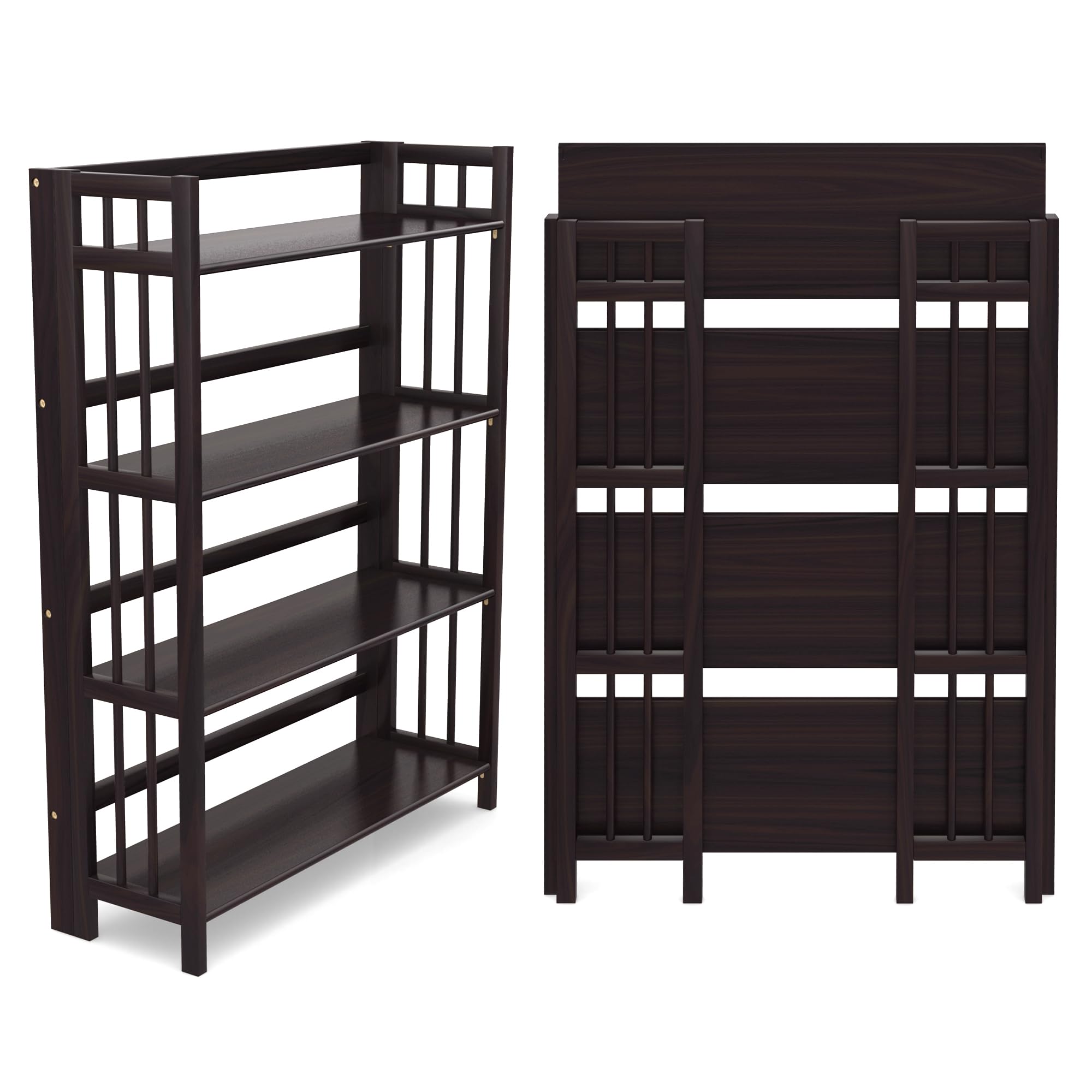 Stony Edge 4-Tier Folding Bookshelf | Espresso Wood Finish | 45x32x11.5 Inches | Book Shelf for Books and Trinkets | No Assembly Required | Foldable & Small Bookshelf for Home and Office