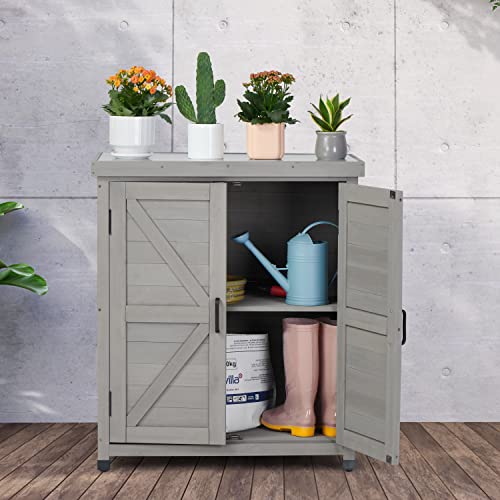 Outdoor Storage Cabinet & Potting Bench Table with Metal Top, Wooden Patio Furniture, Garden Workstation