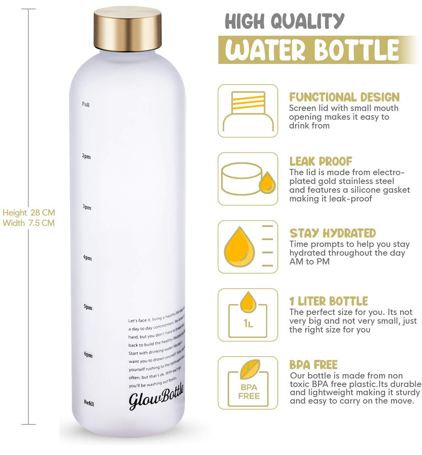 GLOW BOTTLE Motivational Water Bottle with Time Marker & Stickers, BPA Free Frosted Tritan Plastic, 1 Liter 32 Oz | 1 Bottle