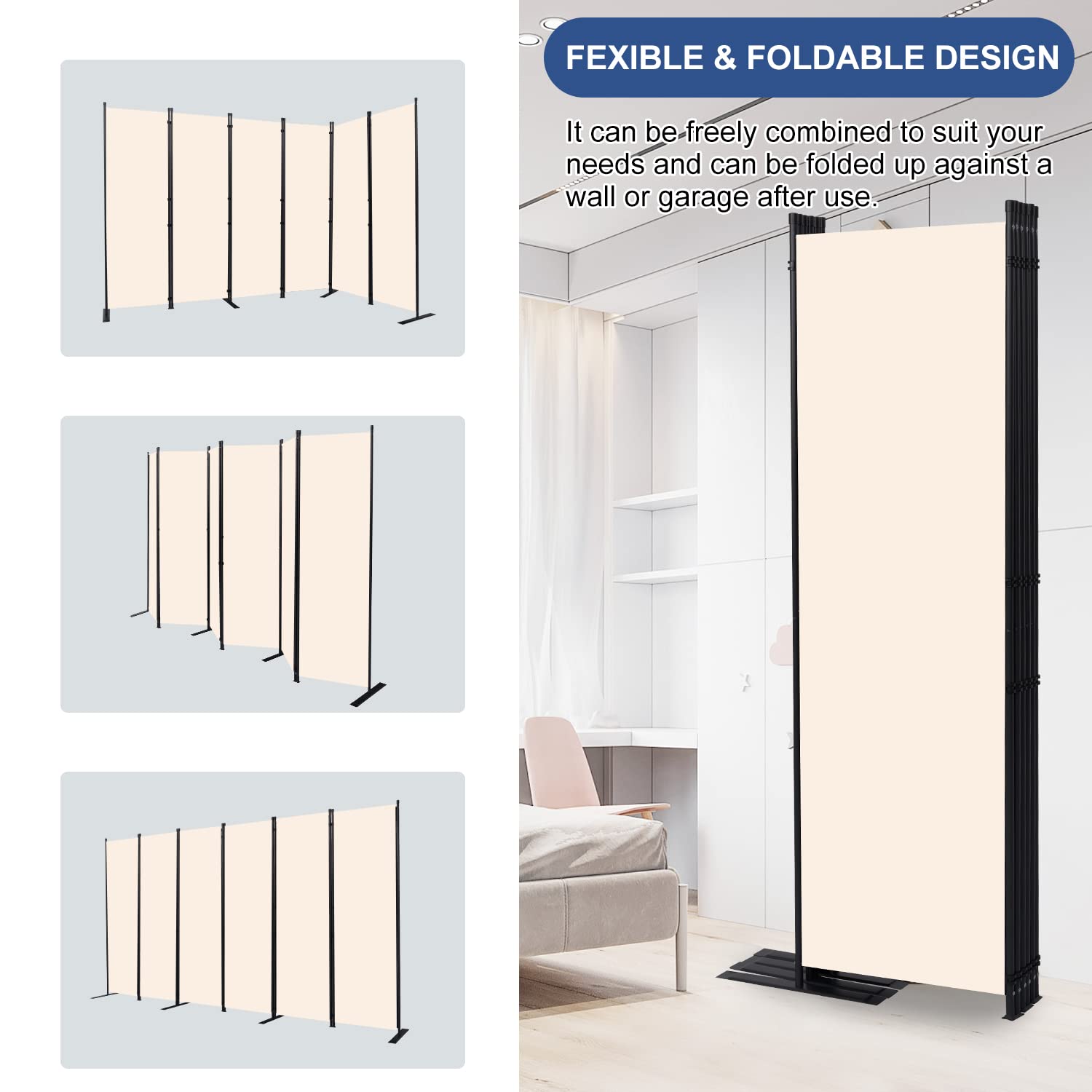 Room Divider and Folding Privacy Screens, 6 Panel Wide Room Divider Wall Screen for Room Separtition, Partition Room Dividers Fabric Panel Wall Dividers Freestanding for Office, Bedroom, Studio Dorm