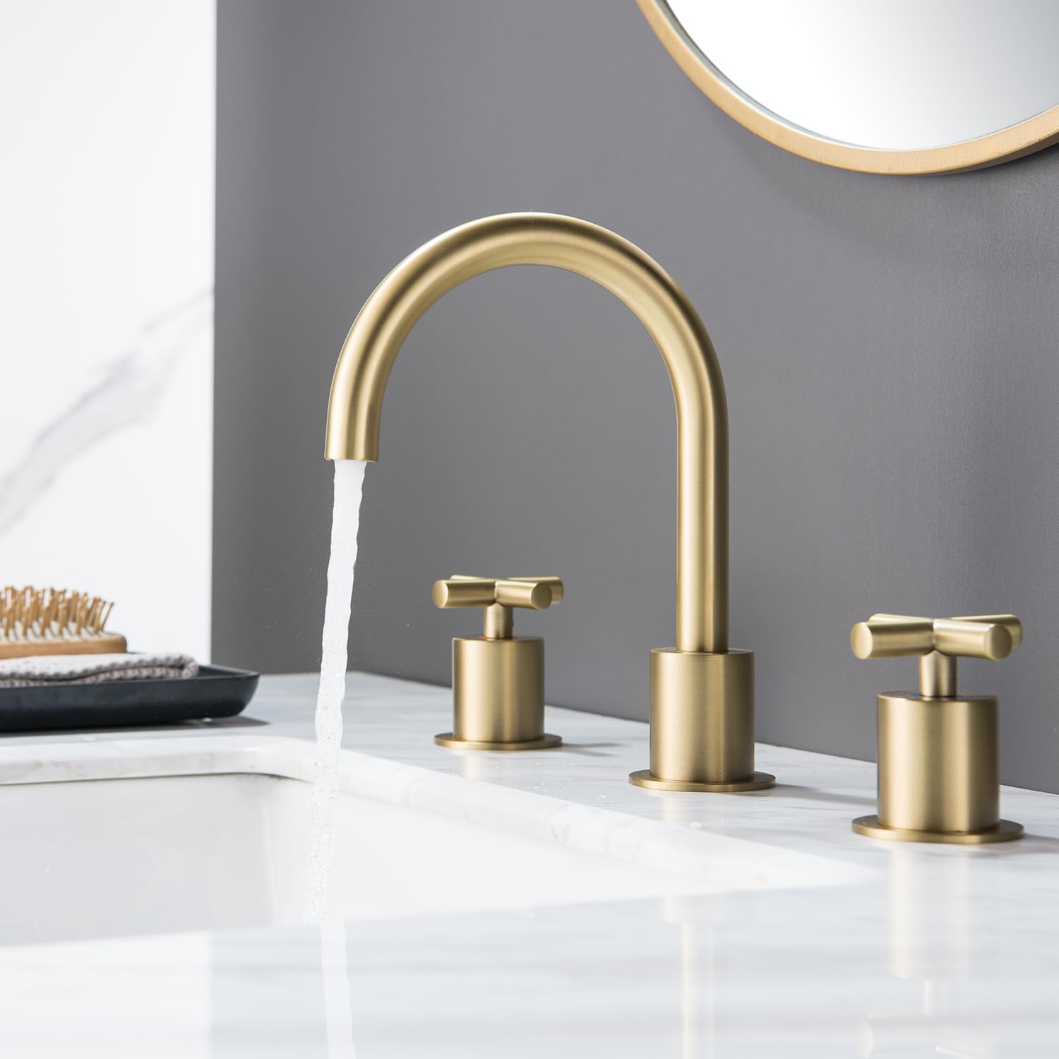 MR. FAUCET 2 Cross-Handle Gold Bathroom Sink Faucets with Waste Drain for 3 Hole 4-16 inch Deck Sink, Solid Brass Brushed Gold