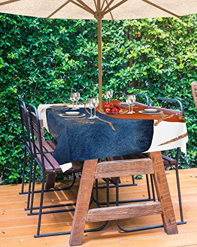 Outdoor Tablecloth with Umbrella Hole and Zipper,Mid Century Terracotta Abstract Geometry Waterproof Tablecloths for Rectangle Tables,Washable Table Cloth Burnt Orange Navy Block Gold Line 60x84in
