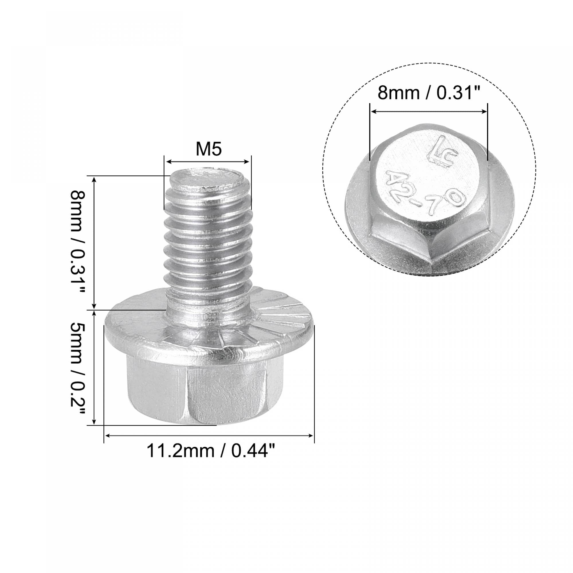 uxcell M5x8mm Hex Serrated Flange Bolts Screws Metric Thread 304 Stainless Steel 50pcs