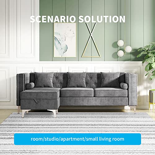 Mjkone Convertible Sectional Sofa for Living Room, Velvet Upholstered L-Shaped Sofa with Throw Cushion & Bolster Cushion, Ottoman for Storage, Button Tufted & Nailhead Trim for Apartment - Grey