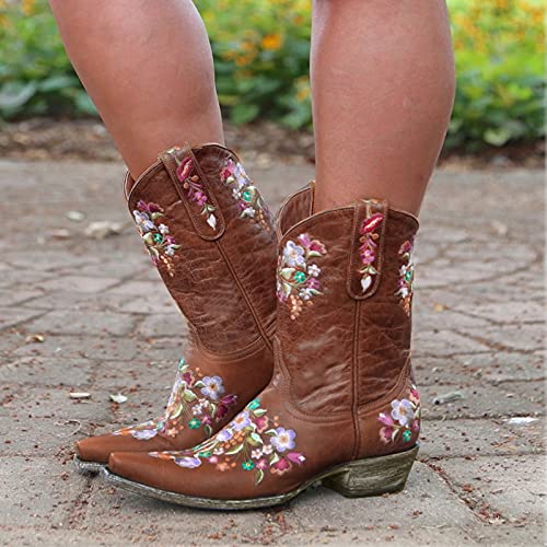 flat heel cowboy boots women retro embroidered cowboy boots chunky block heel side zip white cowgirl booties snow boots