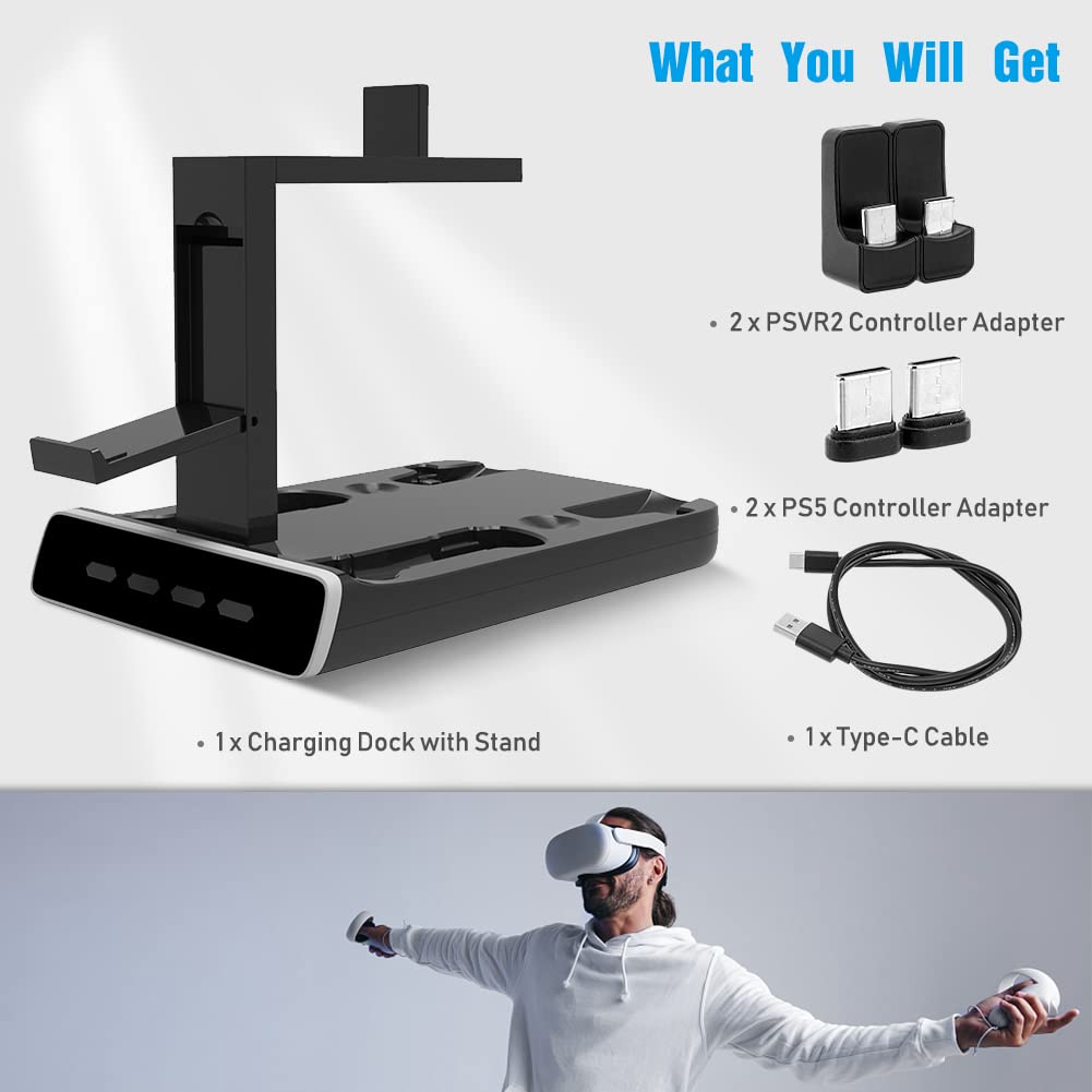 Jhua PS5 Controller Charger Station PS5 Stand 4 Charging Station for PlayStation VR2 and PS5 Controller Charging Dock Station with VR Headset Display Stand, LED Indicators