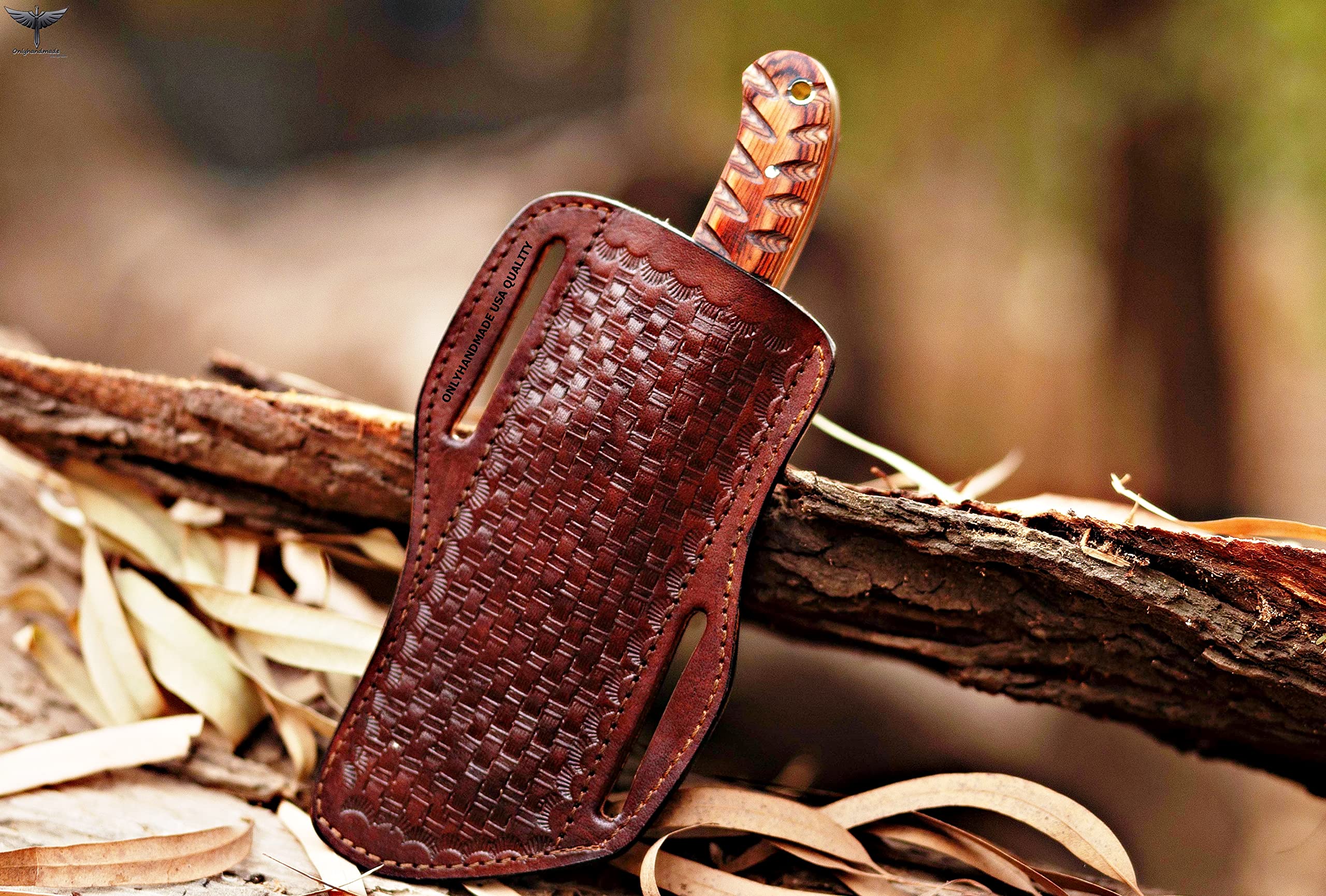 Leather Knife Sheath, Slanted Pancake Sheath, Tooled Leather Sheath, Belt Sheath, Beautiful Cow Boy Bull Cutter Knife Leather Sheath 100% Real Leather and Exotic Cow Hide Sheath - OHM-103 (OHM-103 PANCAKE)
