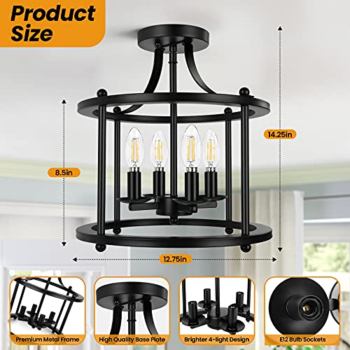 Farmhouse Semi Flush Mount Ceiling Light Fixture, 4-Light Industrial Ceiling Light Matte Black w/ E12 Base Metal Rustic Vintage Chandelier Lighting for Kitchen Dining Room Hallway Entryway Bedroom