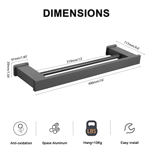 NearMoon Double Bath Towel Bar, Bathroom Accessories-Premium Thicken Space Aluminum Square Shower Towel Rack for Bathroom/Kitchen, Towel Holder Wall Mounted (16 Inch, Grey)