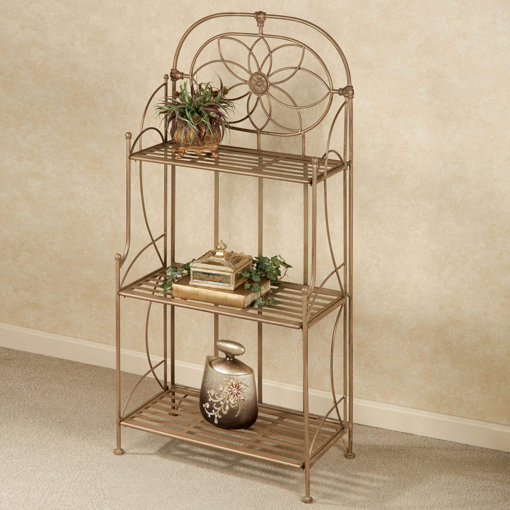 Touch of Class Lexington Wrought Iron Etagere Satin Gold Three Tier Stand | Metal Standing Shelf Display Furniture | Shelving for Plants, Decorative Jars, Vases | Vintage Living Room Decor