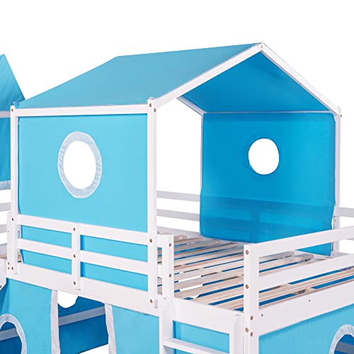RORIGAT Castle Full Size Bunk Bed,Solid Wood Low Loft Bed Frame with Windows Slide, Tent and Tower,Bunk Bed for Kids Bedroom,Blue
