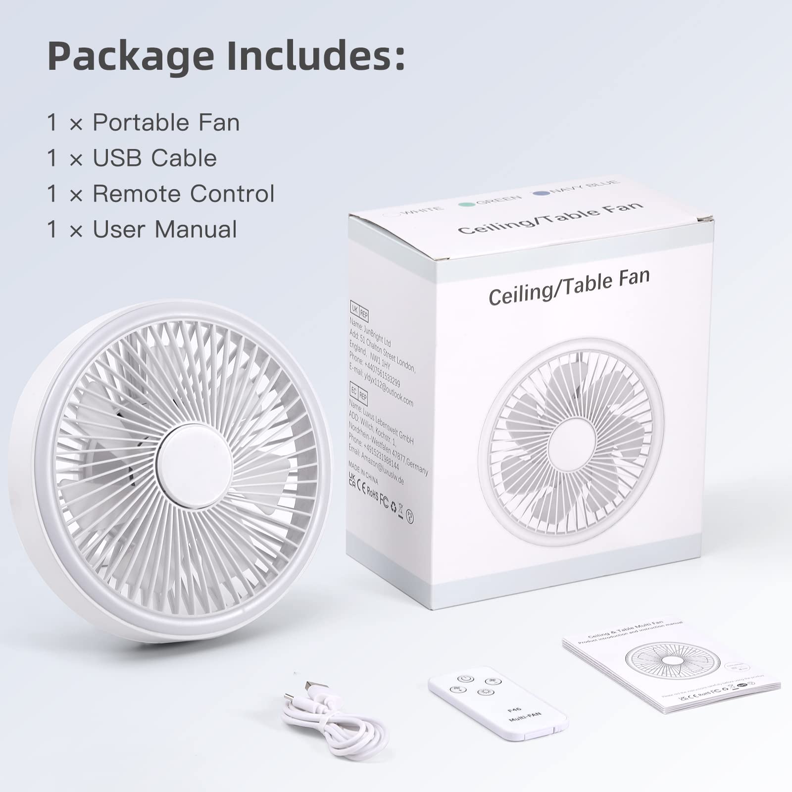Fuleda Portable Desk Fan, Personal Rechargeable Battery Operated Fan with 3 Speed Settings & Remote Control, Camping Fan with LED Lantern & Hanging Hook for Tent, Car, Picnic, Home, Office (White)