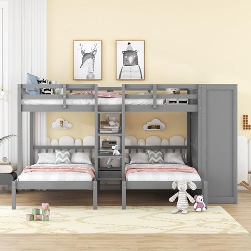 RORIGAT Twin&Twin Triple Bunk Bed with Large Wardrobe, Drawers and Shelves Storage, Wooden L-Shaped Bunkbed Frame w/Mirror for 3 Kids Teens Adults Bedroom, Full/Twin/Twin,Gray