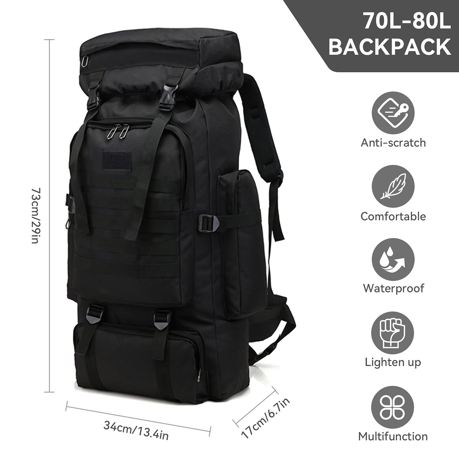 FLYKEPER, 75L Hiking Backpack Outdoor Camping Trekking Bag Durable Waterproof Sport Travel Backpack for Hiking, Backpacking, Traveling, Camping, Classic Black