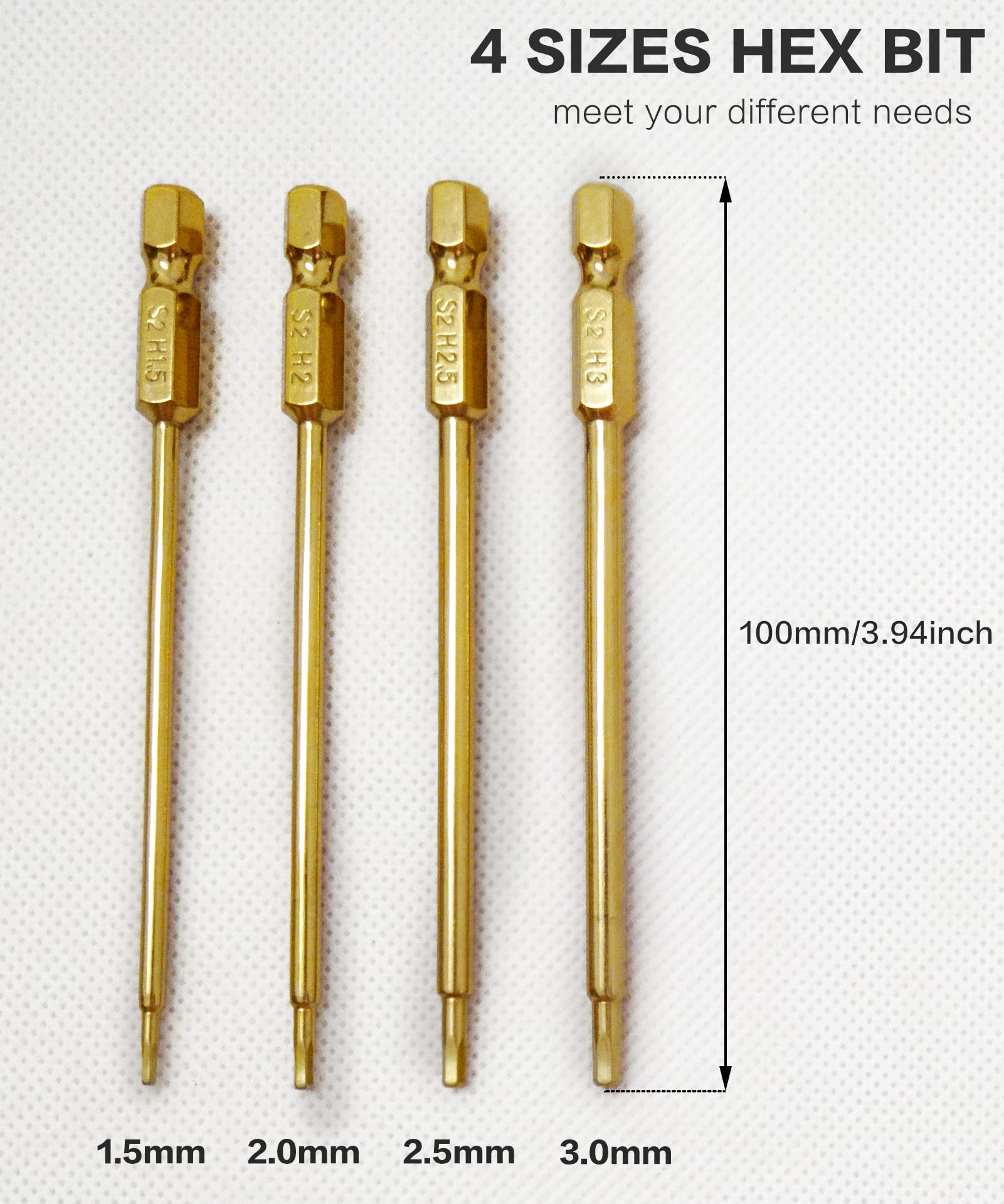 VICRAZZE RC Hex Bit Set 1.5, 2.0, 2.5 & 3.0mm Hex Head Allen Wrench Drill Bit S2 Steel 1/4" Hex Shank 100mm Long for Screwdrivers Bit Electric Screwgun Power Drill RC Repair Working Tools