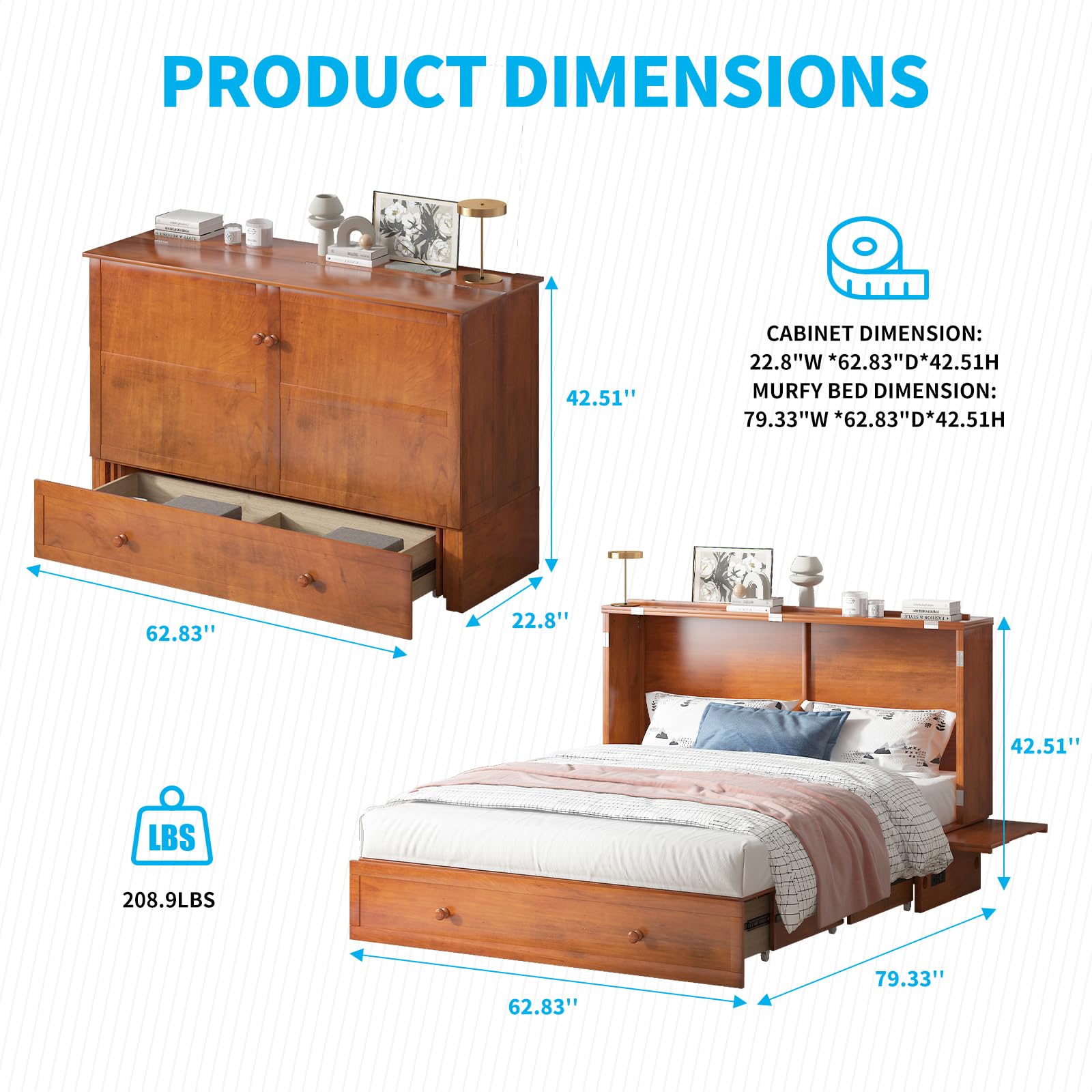 Mjkone Murphy Bed Cabinet with Built-in Charging Station for Guest Room, Home, Office