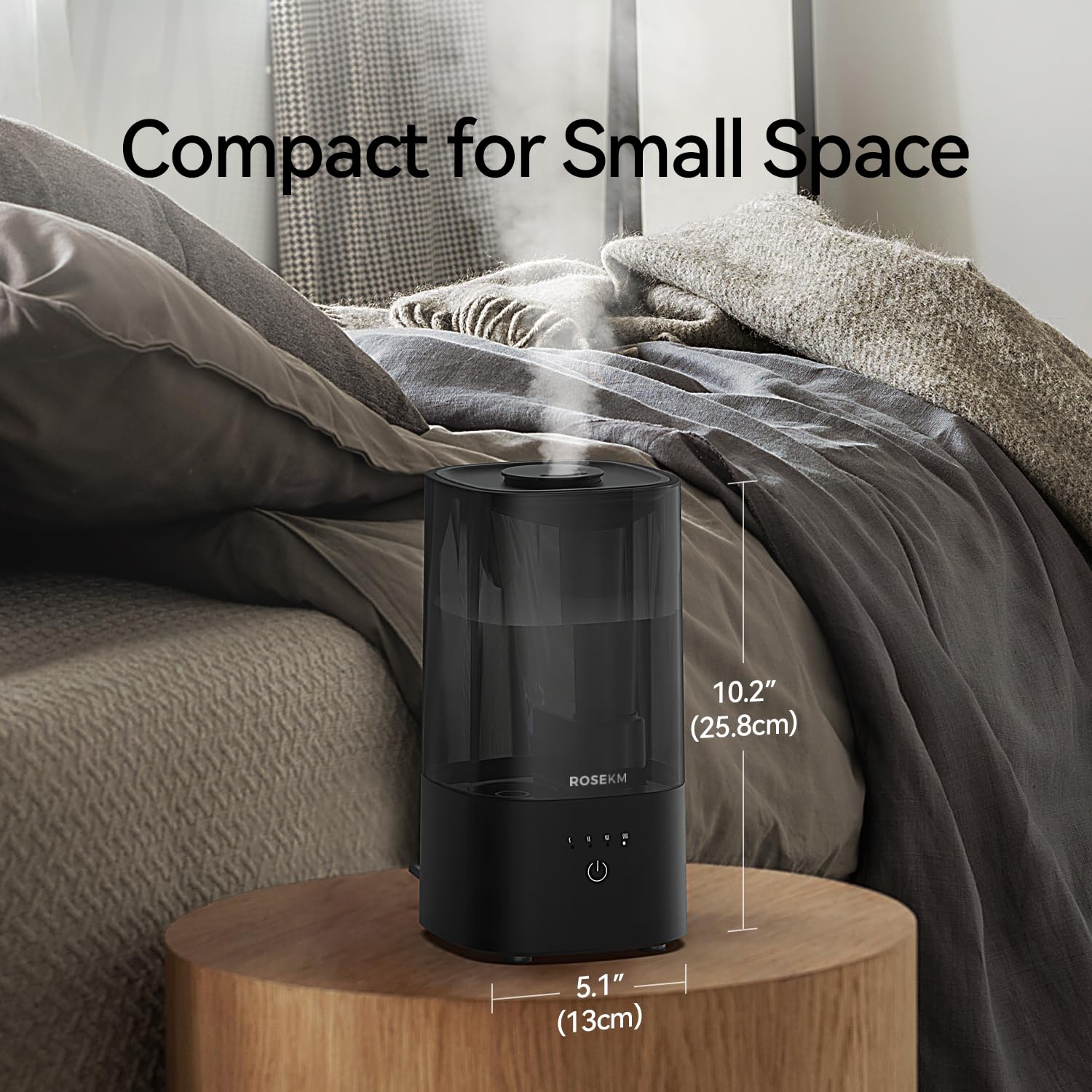 ROSEKM Cool Mist Humidifiers for Bedroom, 2.0L Small Humidifier for Baby and Plant, Last Up to 10H on Max Mist Setting, Auto Shut-Off, Auto-Off Indicator, 360ยฐ Nozzle (Black)