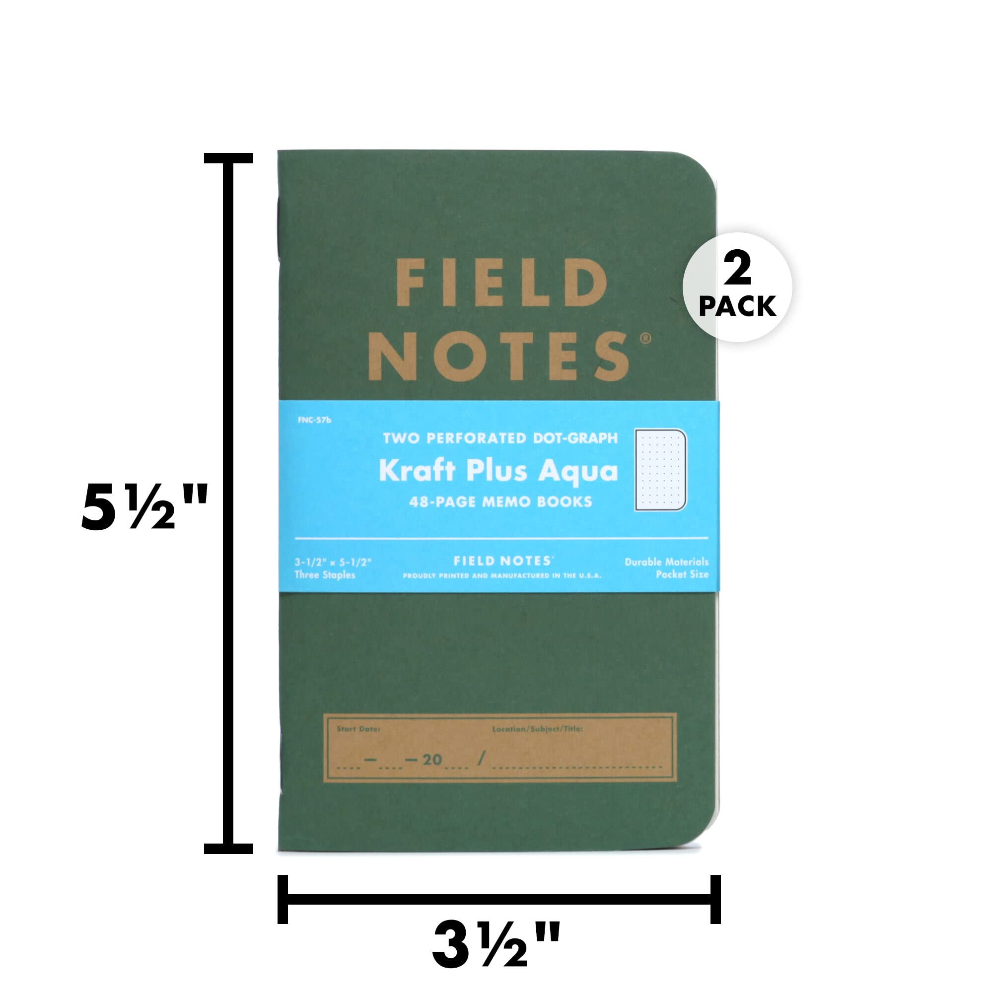 Field Notes: Kraft Plus Edition Aqua Blue 2-Pack - Perforated Dot-Graph Paper Memo Book - 3.5 x 5.5 Inch