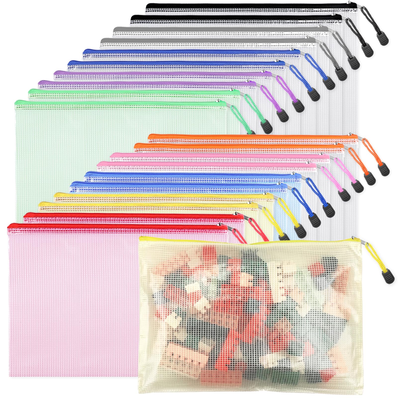 EOOUT 20pcs Mesh Zipper Pouch Bags, A4 Size Bags for Organizing, Zipper Pouches for Travel and Block Game, 10 Assorted Color Waterproof Zipper Bags for Classroom School and Storage