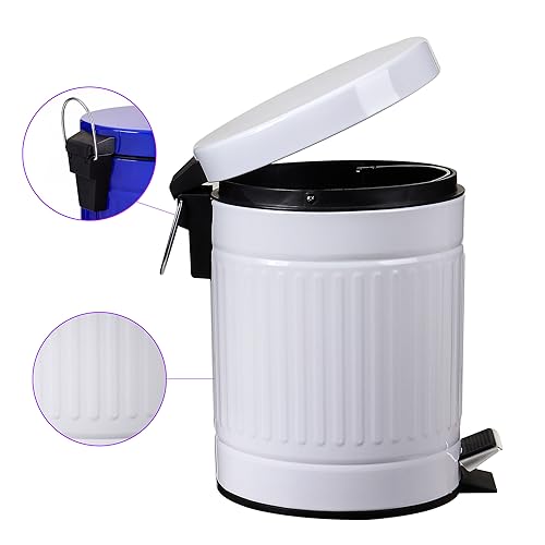 OCTMUSTARD 5 L Round Step Pet Trash with Lid,Mini Metal Pedal Bin,Small Garbage Can Wastebasket for Home,Car or Office,White