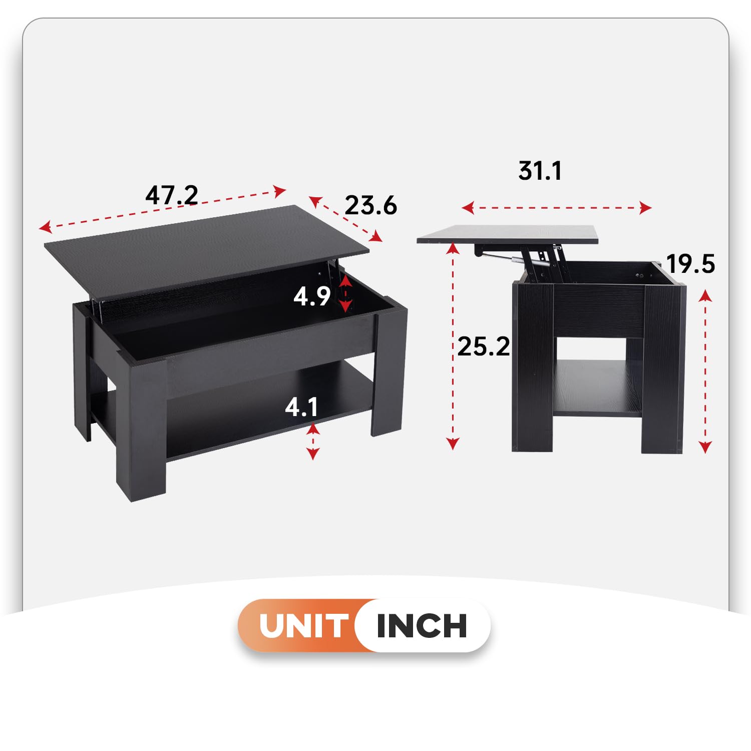 FDW Coffee Table Lift Top Coffee Table Coffee Table with Hidden Compartment and Storage Shelf for Living Room Reception Room 47.2in L,Black