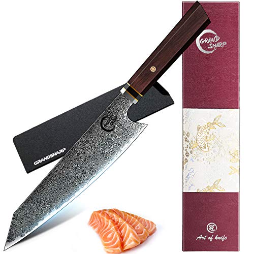 Kiritsuke Chef Knife,GRANDSHARP Kitchen Knife Damascus Pro Sharp VG10 High Carbon Stainless Steel 67-Layer Meat Sushi Fruit Cutting Cleaver Chef Knife[Gift Box]Ergonomic Wooden Handle-8 Inch