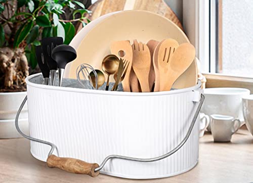 Utensil Caddy,Galvanized Bucket,Galvanized Utensil Holder,Silverware Caddy,Metal Caddy,Outdoor Utensil Caddy,Tin Utensil Holder,Utensil Caddy for Parties,Picnic Caddy,Farmhouse Utensil -White Natural