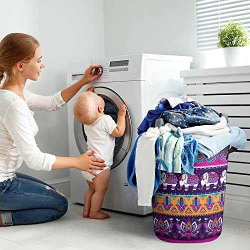 Paisley Hamsa and Indian Elephant Large Laundry Basket Hamper Bag Washing with Handles for College Dorm Portable