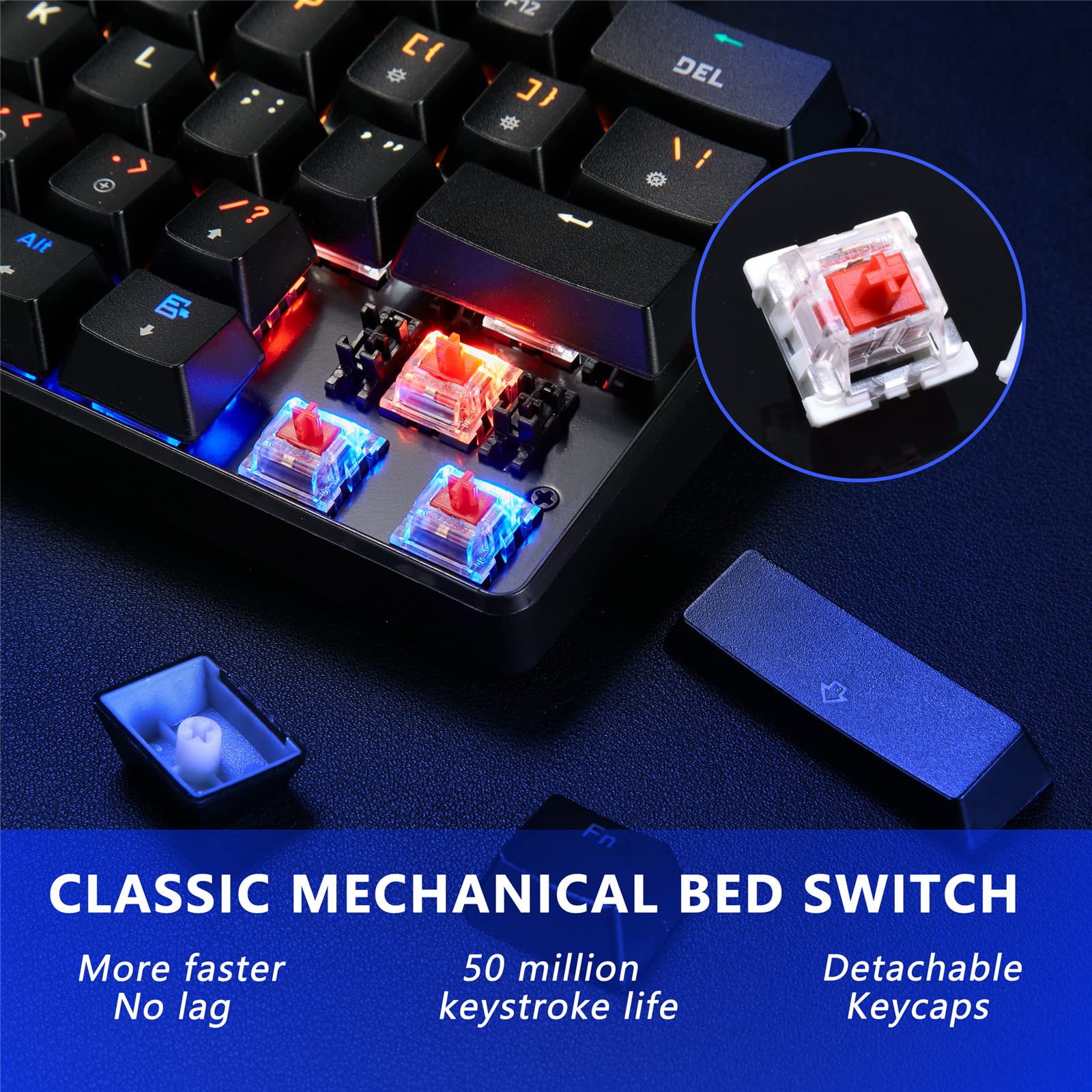 JIDOHUN KB-115 Wired Mechanical Keyboard, 61 Keys RGB Hot Swappable Blue Switch Gaming Keyboard with Software for Windows Vista,WIN7/8/10,Mac OS X Later,Linux,Chrome OS