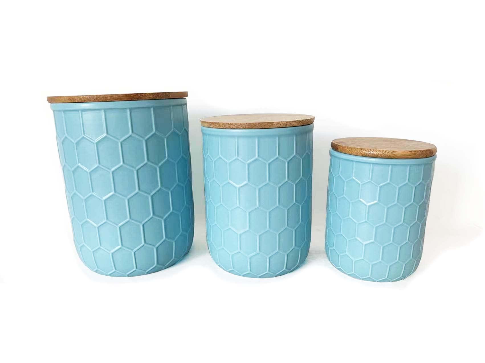 First of a Kind Kitchen Canisters - Blue Stoneware Canisters with Bamboo Lids, Set of 3 Storage Canister Container Set - Honeycomb Design, Ceramic Food Canister Jars for Tea, Sugar & Flour Storage