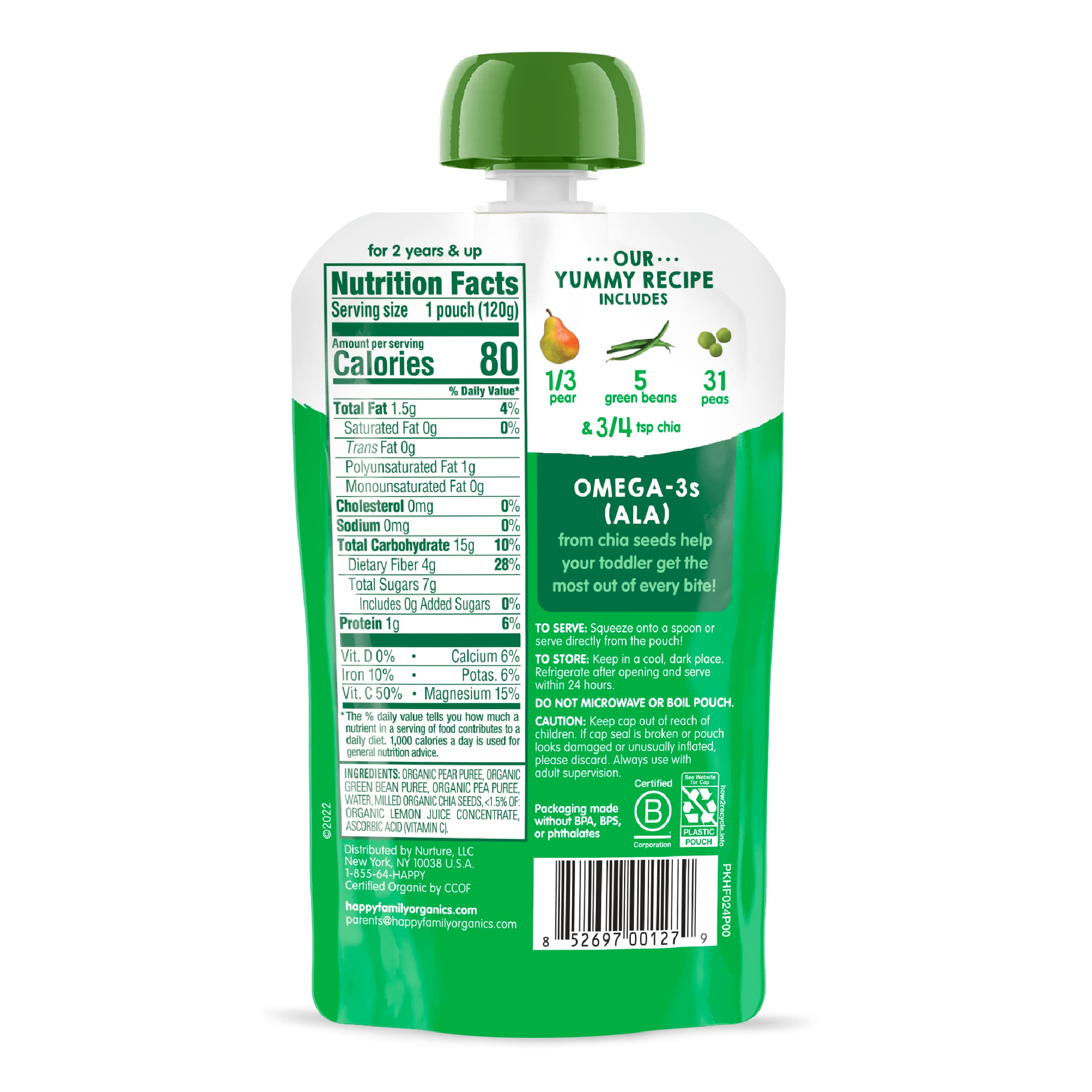 Happy Tot Organics Super Foods Stage 4, Pears, Peas & Green Beans + Super Chia, 4.22 Ounce Pouch (Pack of 16) packaging may vary