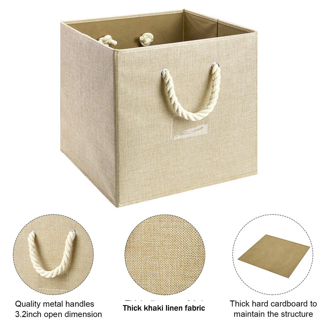 i BKGOO Foldable Storage Cube Bins Khaki Linen Fabric Collapsible Resistant Basket Box Organizer with Cotton Rope Handle for Home Office and Nursery 13x13x13 inch
