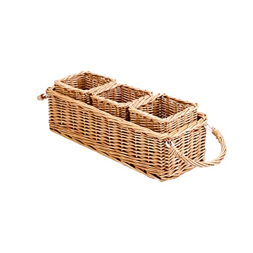GYASVWU 3 Compartment Wicker Kitchen Flatware Storage Basket Utensil Holder with 3 Removable Storage Cups and Flexible Handles Handmde Baskets for Spoons, Knives, Forks (Wicker)