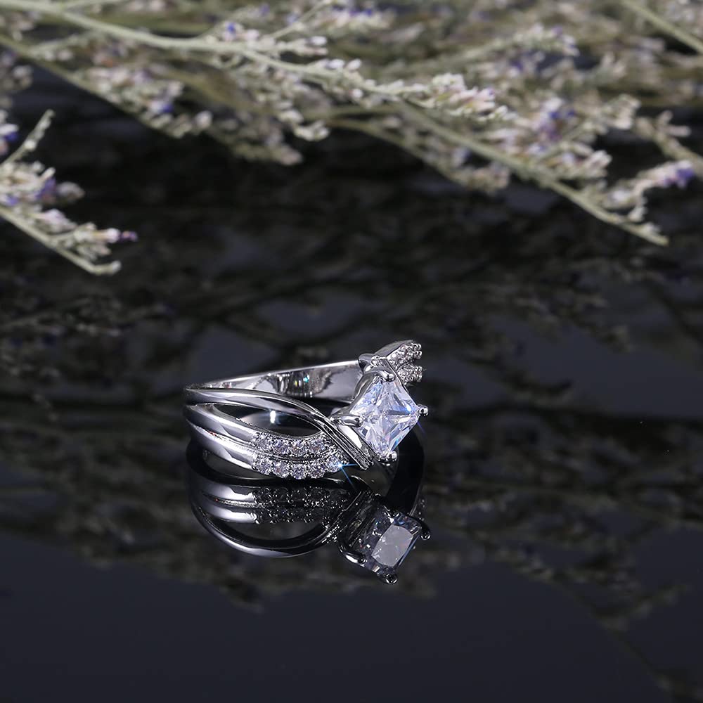 Gixaxak 925 Silver Ring Square Cubic Zirconia Inlay Ring CZ Crystal Square Engagement Rings Split Shank Promise Rings Wedding Personality Bands 7