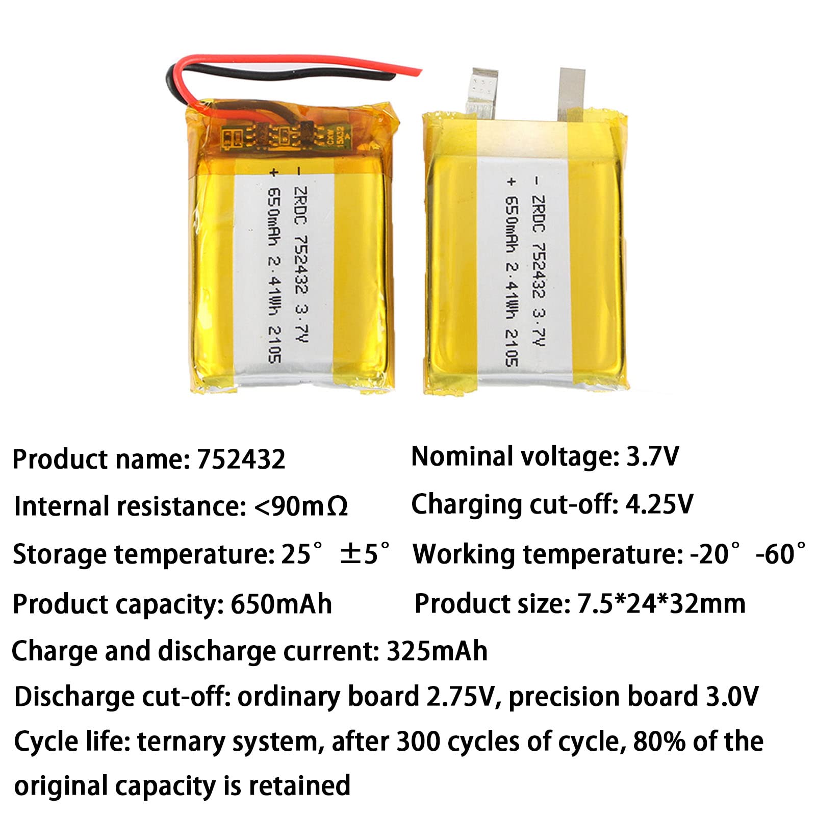 Jieoto 3.7V 650mAh Lithium Polymer Battery 752432 Lithium Polymer ion Battery Pack Rechargeable Battery with JST Connector (2 pcs)