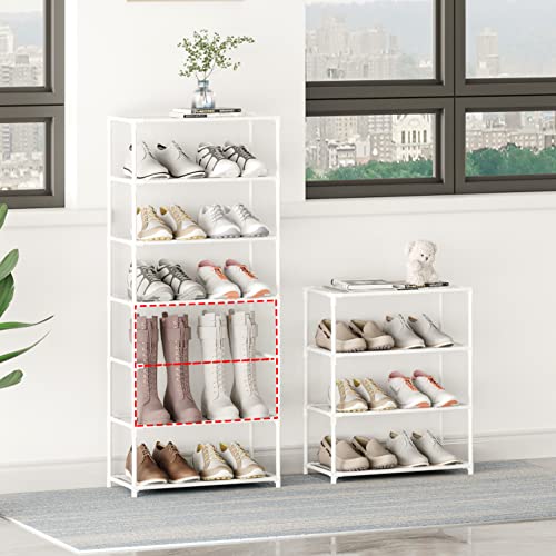 Vockot Small Shoe Rack 6-8 Pairs Sturdy Shoe Shelf 4-Tiers Narrow Stackable Shoe Organizer,Lightweight Kids Shoe Racks for Entryway, Doorway and Closet(White)