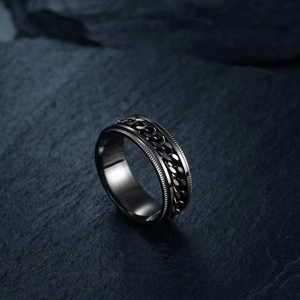FAANCU 8mm Cuban Chain Black Spinner Ring Band Titanium Stainless Steel Fidget Ring Anxiety Ring for Men Women Size 10
