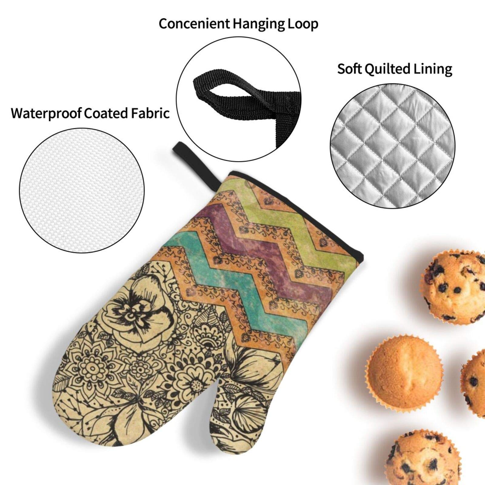 KLATIE Boho Oven Mitts and Pot Holders Sets of 4, Heat Resistant Hot Pad, Bohemian Style BBQ Gloves for Kitchen, Cooking, Baking, Grilling