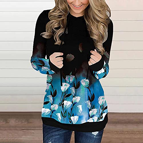 FMCHICO V Neck Blouses For Women Womens Floral Hoodies Sweatshirt Long Sleeve Drawstring Casual Pullover Tops Sweatshirts Blue