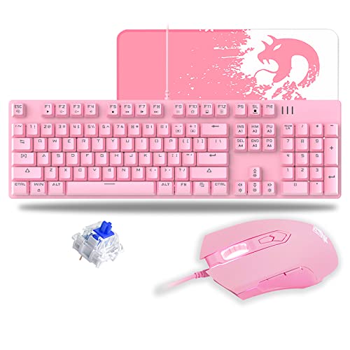 FELICON Pink Wired Mechanical Keyboard and Mouse Combo with Linear Blue Switches, Full Anti-ghosting Gaming Keyboard, Lightweight Gaming Mouse, Mouse Pad for Office and Gamer Pc Mac Laptop