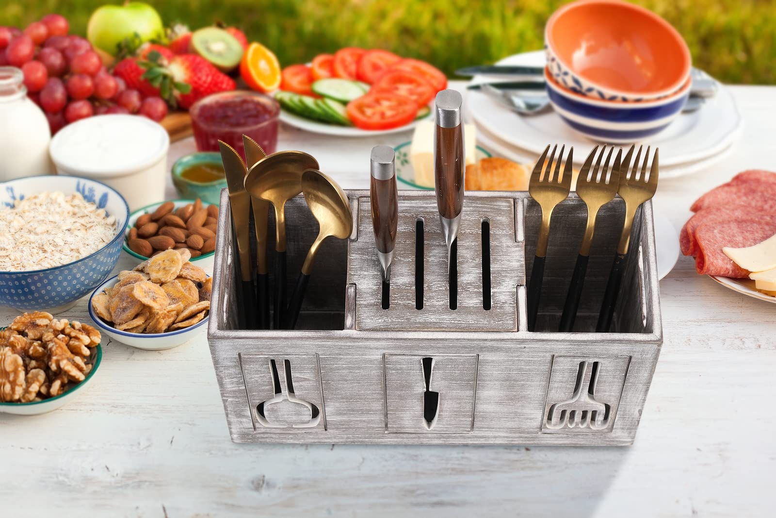 GYJZIFW Kitchen Utensil Holder Cooking Utensil Caddy with 3 Compartments Rustic Wooden Utensil Organizer for Countertop Kitchen Tool Holder Storage for Spoon Forks Knives
