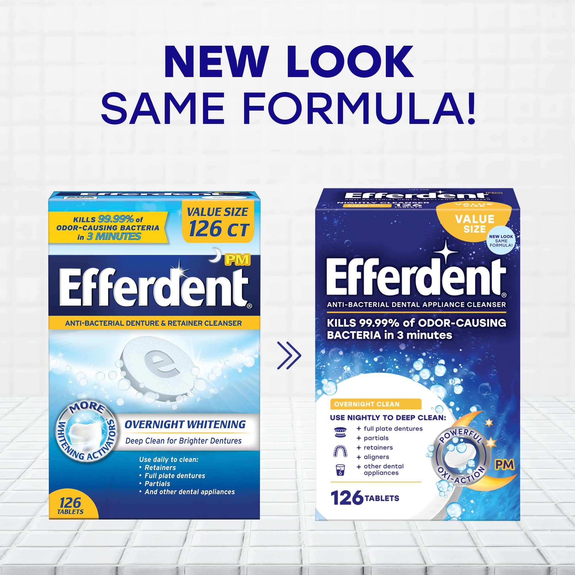 Efferdent Retainer Cleaning Tablets, Denture Cleanser Tablets For Dental Appliances, Overnight Whitening, 126 Tablets BLUE (Pack of 2)