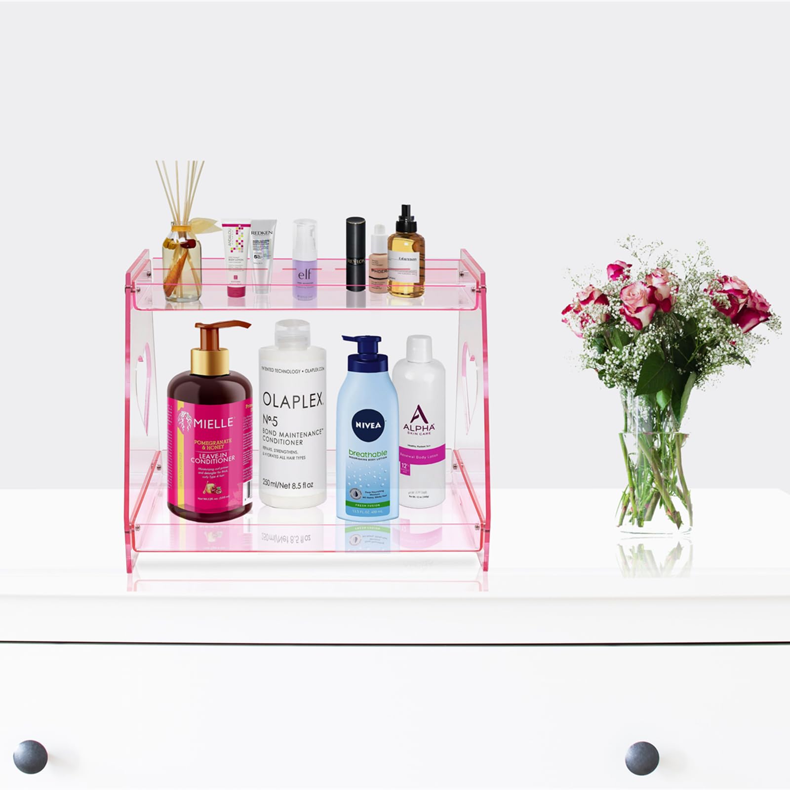 ROYALITA 2 Tier Pink Heart Bathroom Countertop Organizer Display Shelf, Acrylic Tray Vanity Perfume Storage Skincare Organizer for Counter, Cute Bathroom Sink Cosmetic Organizer Shelf