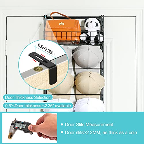 Yociyoga Metal Hat Racks for Baseball Caps, Over the Door Hat Organizer Hat Holder with Door Hooks & 17 Hat Hooks, Adjustable Tier Height Hat Hanger Hat Storage with Storage Basket, Black