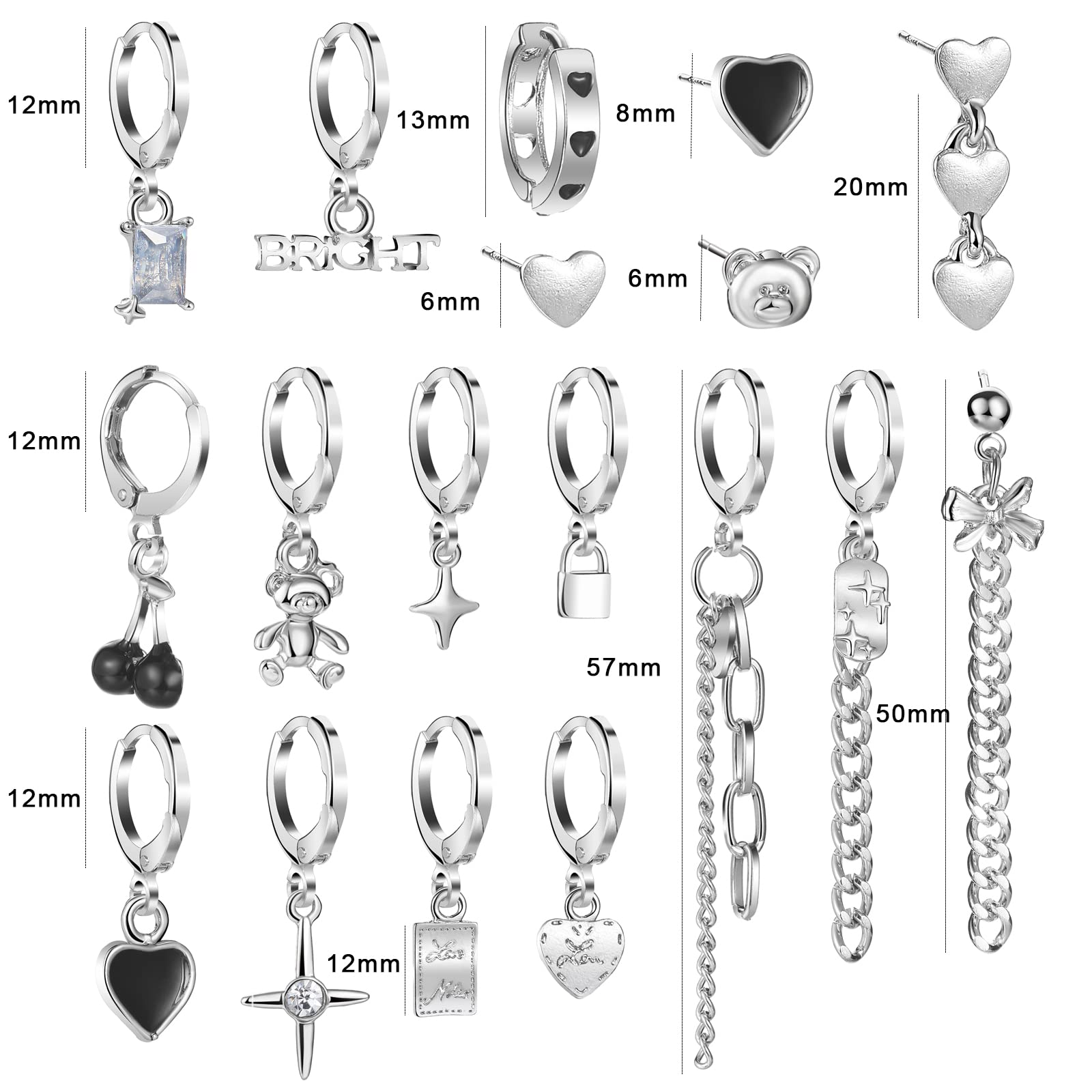 IFKM 18pcs Silver Stud Hoop Earrings Set for Women Hypoallergenic Drop Dangle Earrings Cute Heart Star Bear Mini Small Piercing Jewelry