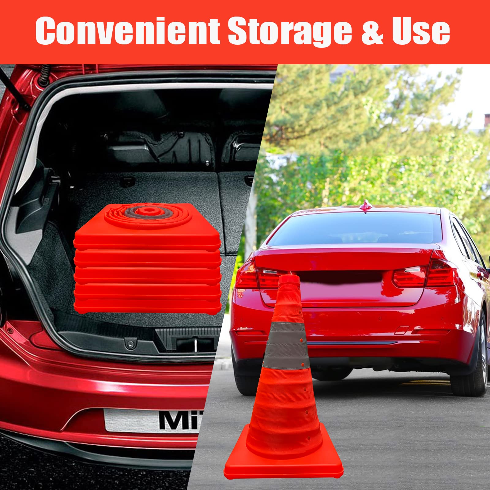 Ikaufen 4 Pack 15.5 inch Collapsible Traffic Cones, Multi Purpose Pop up Safety Road Reflective Parking Cone, Construction Cones, for Training, Parking Lot and Driving Practice