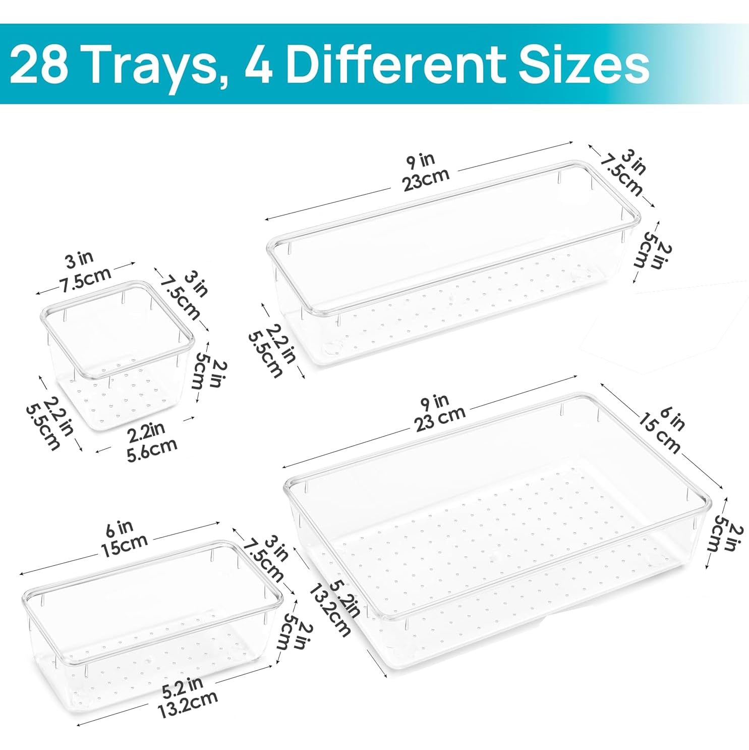 SNOW COOLER 28 PCS Clear Plastic Drawer Organizers Set, Versatile Bathroom and Vanity Drawer Organizer Trays, Storage Bins for Makeup, Bedroom, Kitchen Gadgets Utensils and Office